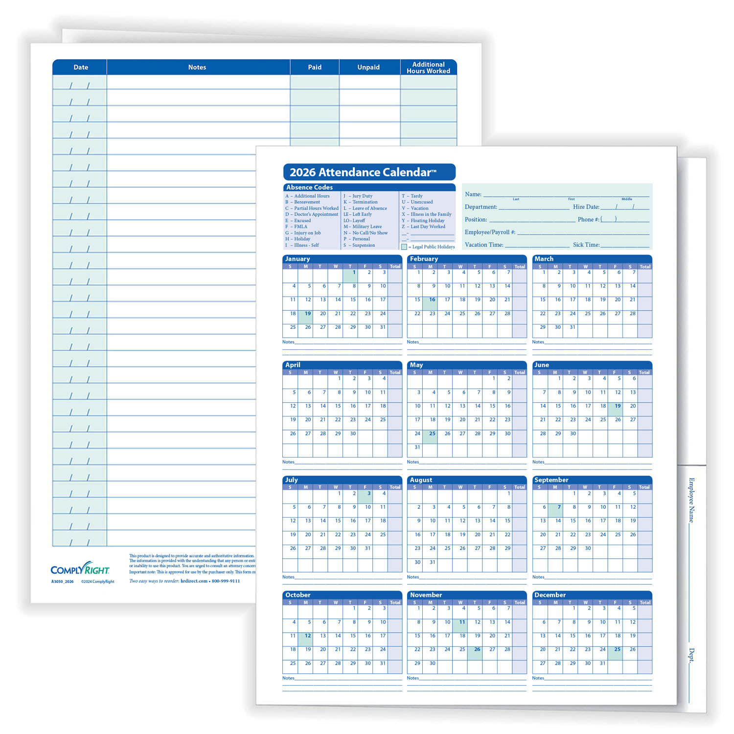 2026 Attendance Calendar Folder | HRdirect