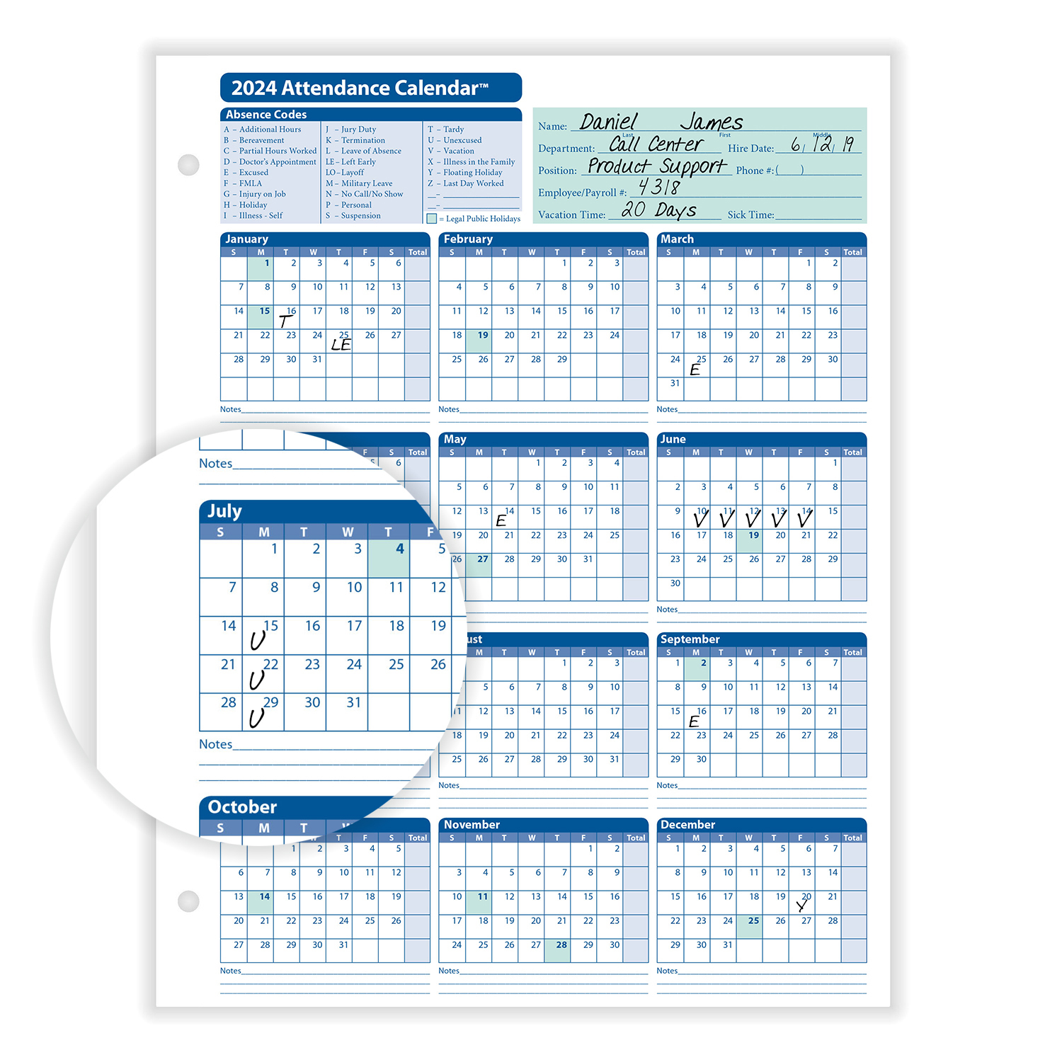 2024 Yearly Employee Attendance Calendar | Yearly Calendar | HRdirect