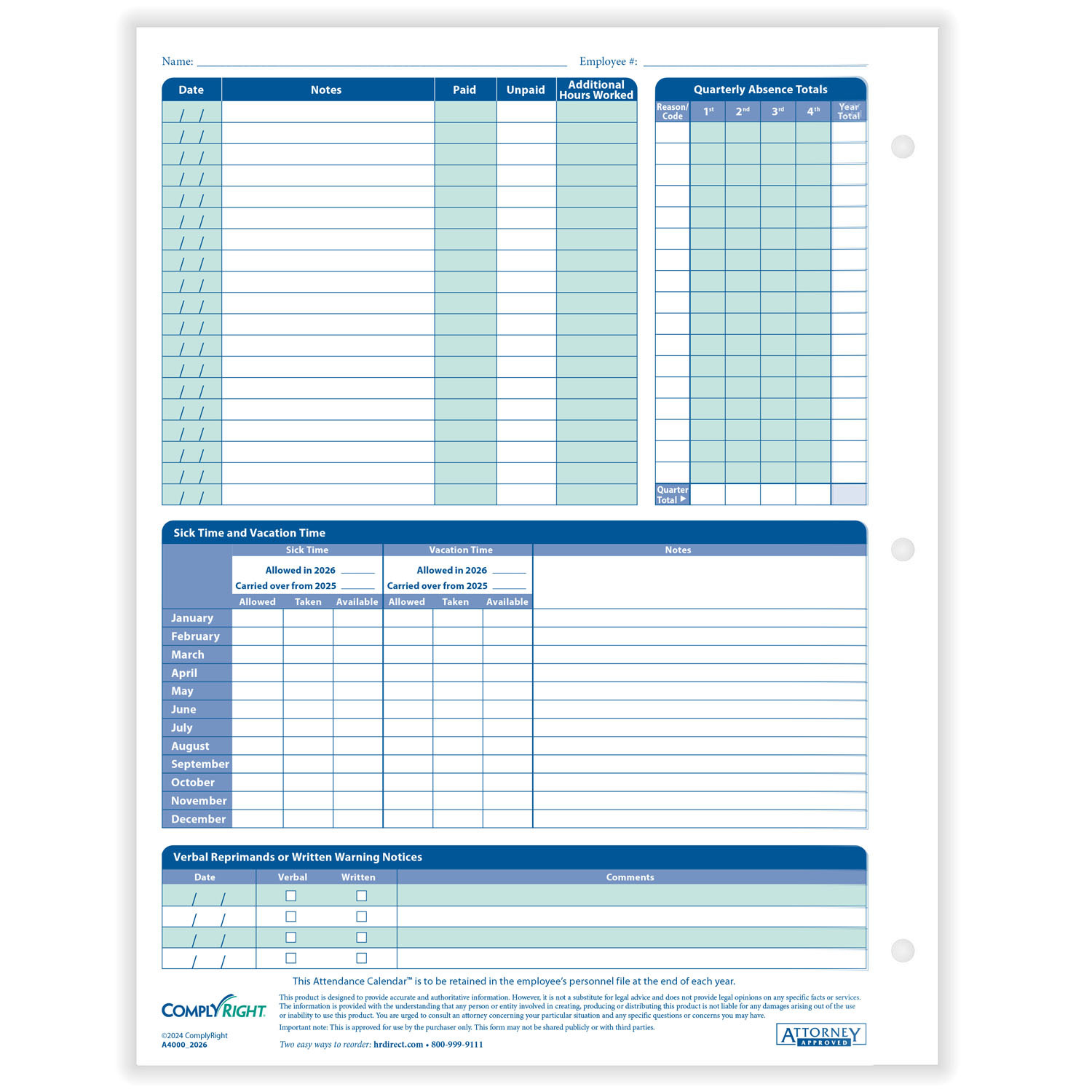 2026 Yearly Employee Attendance Calendar | Yearly Calendar | HRdirect