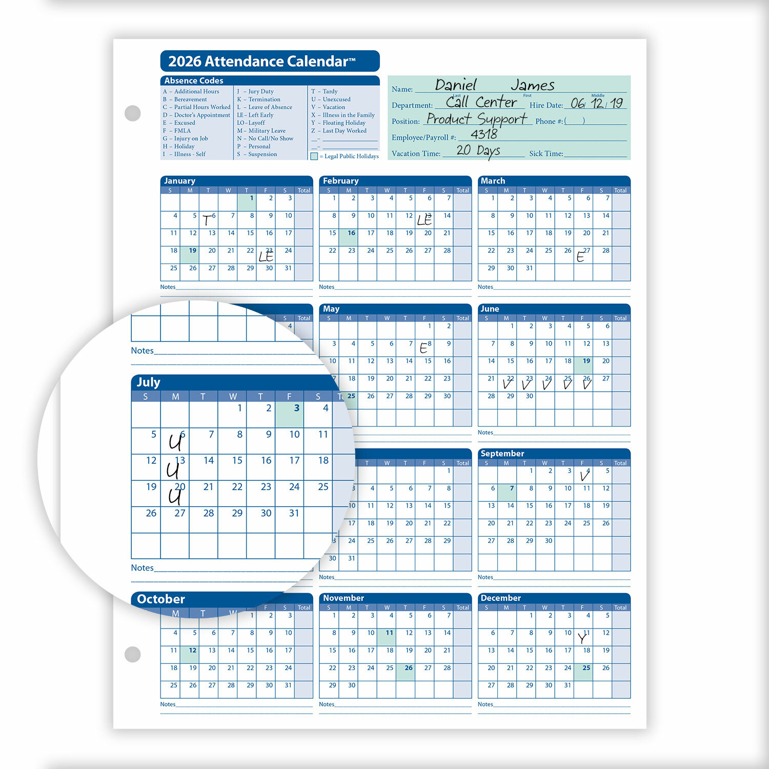 2026 Yearly Employee Attendance Calendar | Yearly Calendar | HRdirect