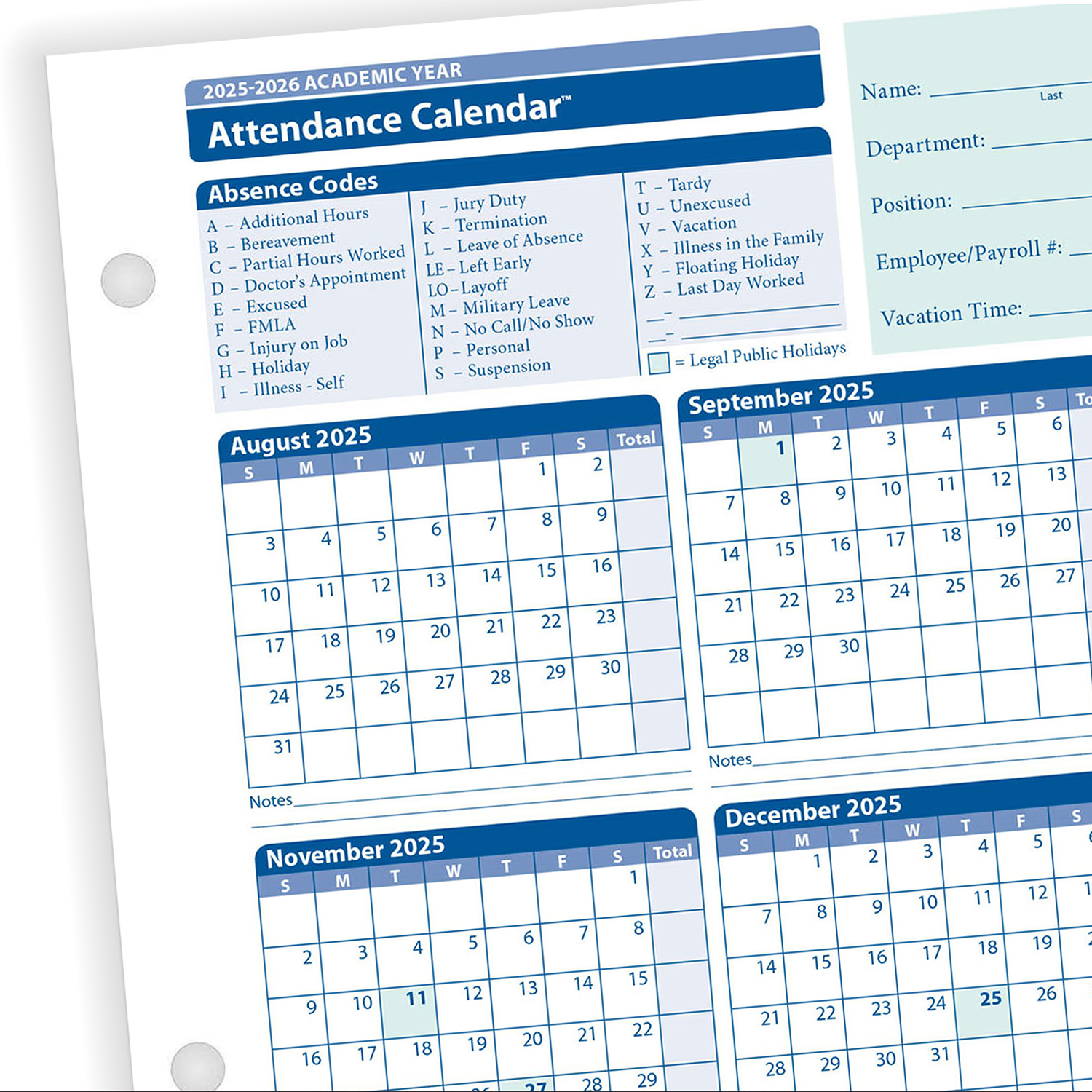 2025/26 Fiscal Year Attendance Calendar | Yearly Attendance | HRdirect