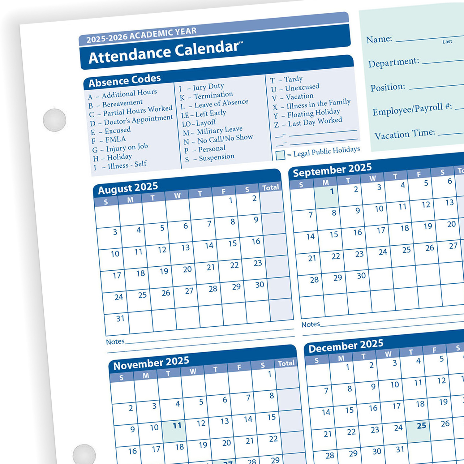 2025/26 Academic Year Attendance Calendar | Yearly Calendar | HRdirect