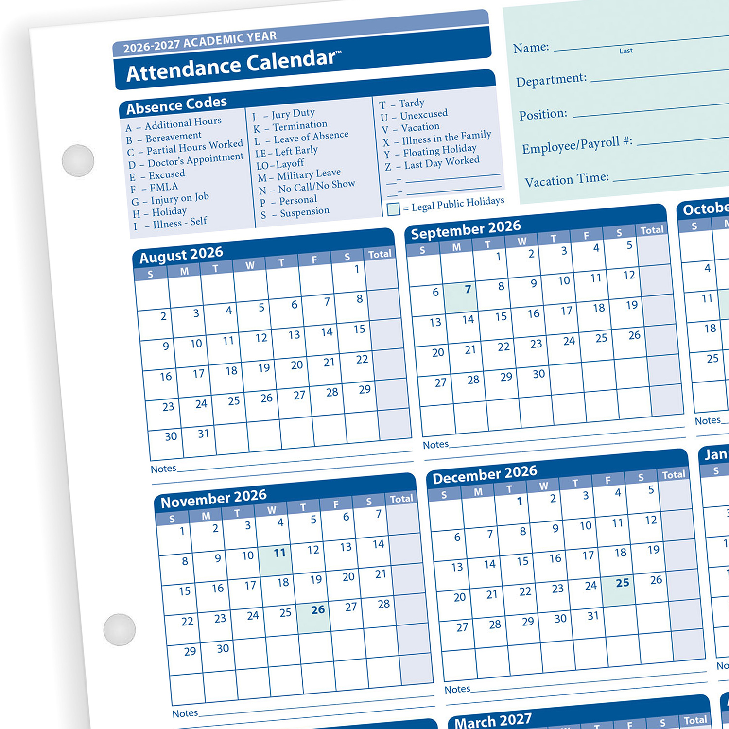 2026/27 Academic Year Attendance Calendar | Yearly Calendar | HRdirect
